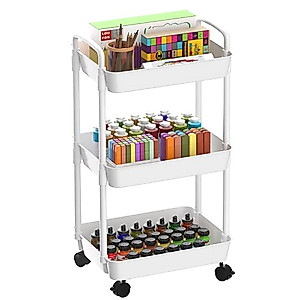 Vtopmart 3 Tier Rolling Cart with Wheels, Detachable Utility Storage Cart with Handle and Lockable Wheels, Storage Basket Organizer Shelves, Easy Assemble for Bathroom, Kitchen, White