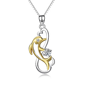 925 Sterling Silver With Cubic Zirconia Dolphin Love Heart Pedant Necklaces 18K Gold Overtone Two Tone Crystal 18 inches Valentine’s Gift LSN140