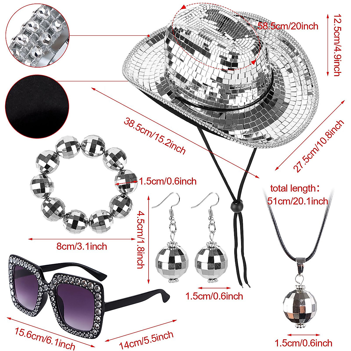 Alabelleza 5pcs Disco Ball Cowboy Hat Mirror Ball Cowboy Hat Sparkling Silver Cowgirl Hat for Women with Necklace, Earrings, Bracelet, Sunglasses