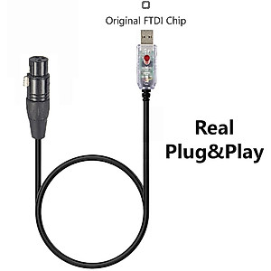 Feanteek USB to DMX Cable RS485 Adapter Converter 3PIN XLR Female DMX512 Interface Freestyler Software PC Control Dimmer Cable with FTDI Chip Support Win10 Mac OS (6FT/1.8M), Black