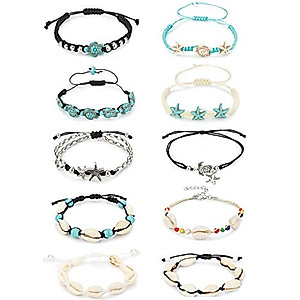 LOYALLOOK 10PCS Shell Turtle Ankle Bracelets Handmade Boho Anklet Jewelry Adjustable Natural Cowrie Shell Beach Bead Anklet for Women