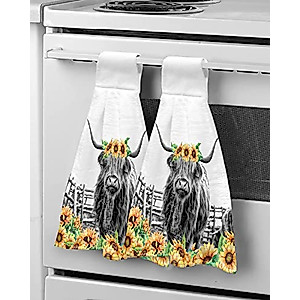 2PCS Hand Tie Towels for Bathroom Kitchen-Farm Highland Cow Sunflowers Decor Hanging Towel Tea Bar Dish Cloth Soft Coral Fleece Absorbent Washcloth,Black White Animals