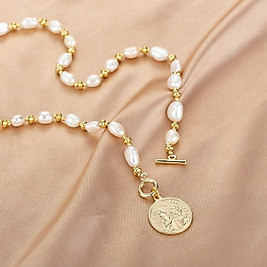 Y2K Pearl Choker Necklace Baroque Cultured Handpicked Pearl 18K Gold Plated Bead Ball Chain Coin Charm Pendant Vintage Jewelry Gifts for Women Men