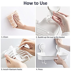 TAILI Suction Shower Caddy 2 Pack & Shower Cadyy with 4 Hooks, Bathroom Shower Basket Wall Mounted Shower Organizer Shelf for Shampoo, Body Wash, Conditioner, Shower Accessories, Drill-Free Removable