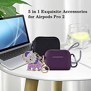 MOFREE for Airpods Pro 2 Case 2022, Soft 5 in 1 Silicone Protective Cover for Airpods Pro 2nd Generation Case Women with Bling Elephant Keychain, Wireless Charging [Front LED Visible]-Purple
