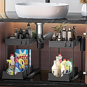 TMWHE Under Sink Storage Rack, Multifunctional Plastic Organizer, Slide-Out Design, 15.5"Lx8.5"Wx11.6"H, Black