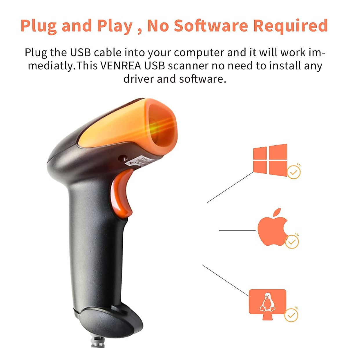VENREA QR 1D Barcode Scanner, USB Wired Handheld High Speed QR Code Reader Compatible for Windows/Mac Square POS System Mobile Payment 1D Code on PC and Phone Screen