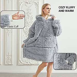 AELOS Plush Fuzzy Shaggy Faux Fur Wearable Blanket Hoodie,Luxury Sherpa Blanket Sweatshirt for Adult,Ovesized Cozy Hoodie Blanket Gifts for Women and Men,One Size Fits All(Gray)