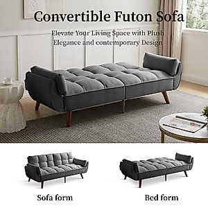 HIPIHOM Convertible Futon Sofa Bed, 74.8″Fabric Futon Couch with 3 Levels Adjustable Backrest, Folding Futon Sleeper Sofa for Living Room, Apartment, Office, Guest Room (Grey)