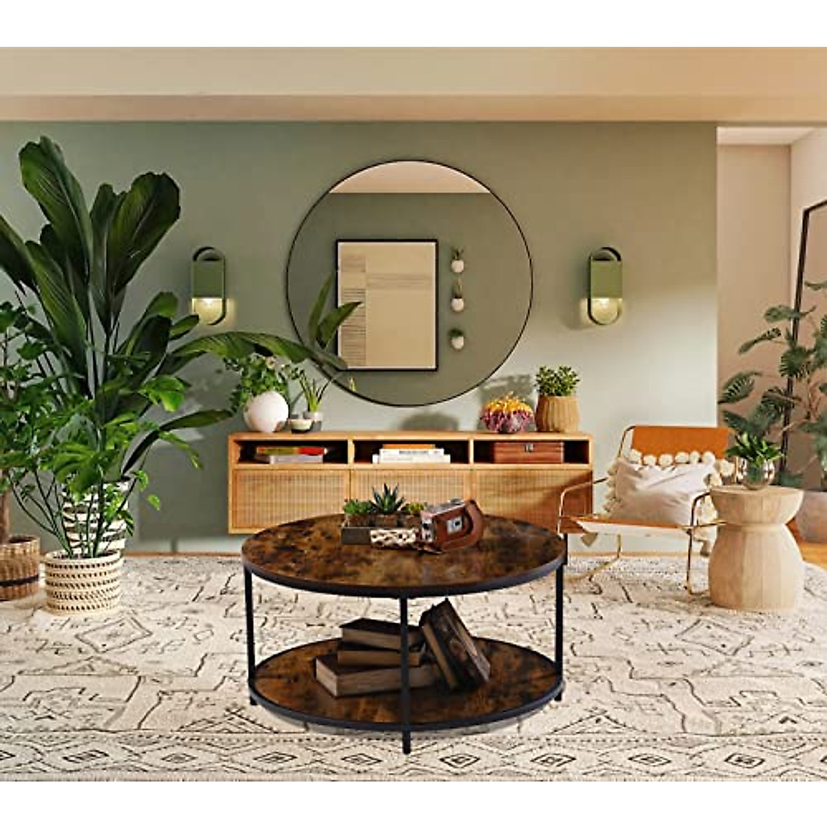 TAID Rustic Round Coffee Table for Your Living Room - 2 Colors: Brown or Cream, Circular Wooden Coffee Table with Open Shelf Storage - Modern Design, Industrial Quality, Circle Shaped Coffee Table