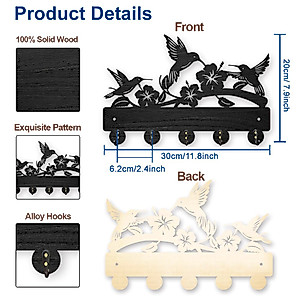 MAYJOYDIY Wood Bird Flower Coat Rack Wall Mounted 11.8×7.9inch Self-Adhesive Hummingbird Key Holder for Wall Black Birds Hooks Wall Art Decor 5 Alloy Hooks for Entryway Living Room Camping Gift