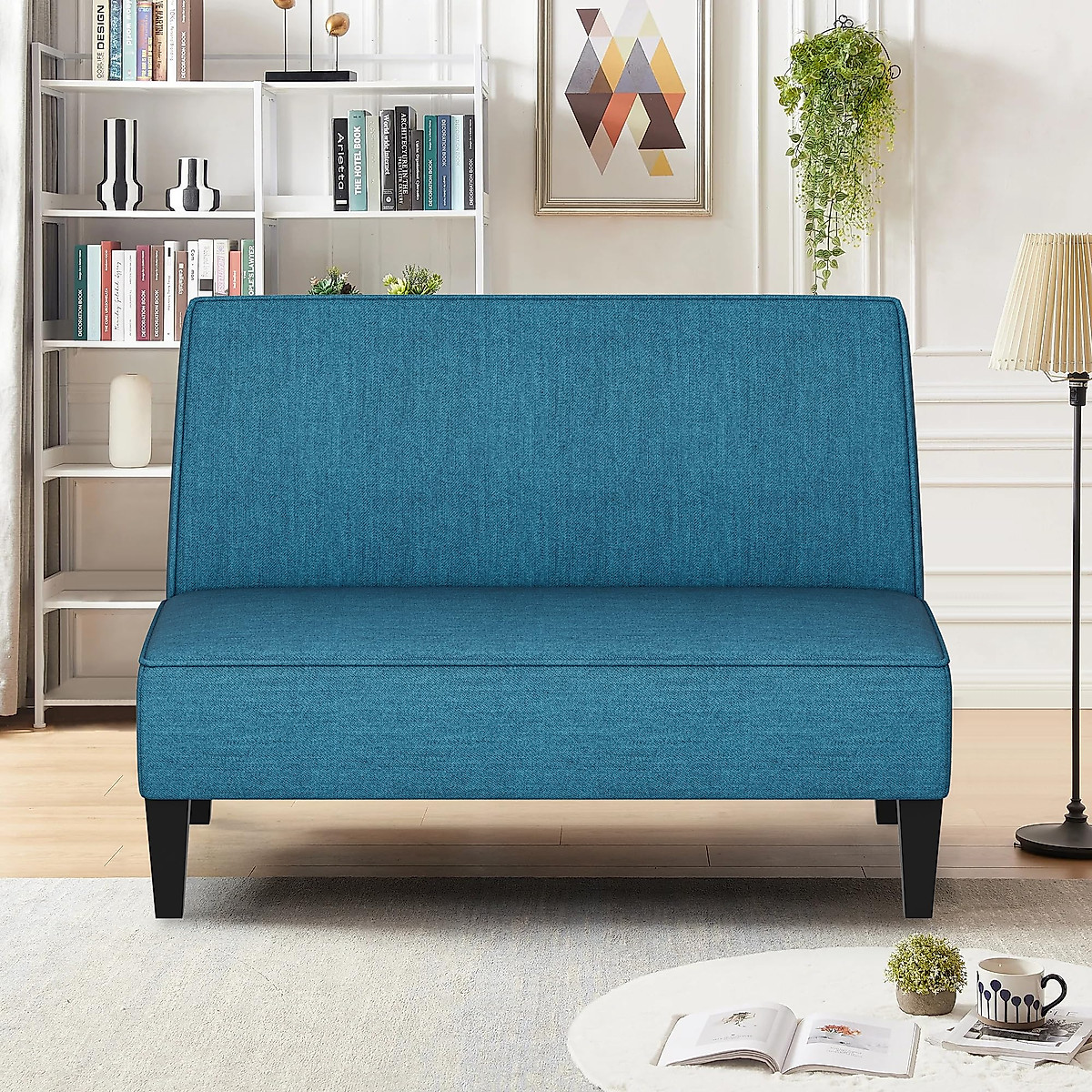 Changjie Furniture Small Loveseat Sofa, Upholstered Small Sofa Couch Mini Love seat Sofas for Bedroom Living Room (Blue)