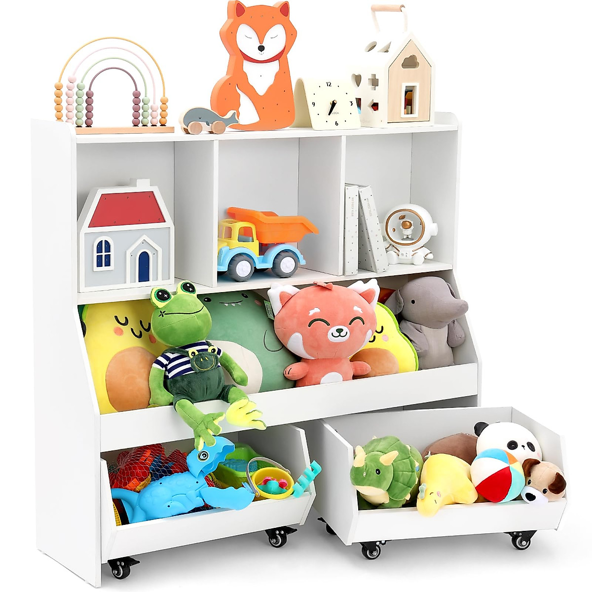 Tykacna Toy Storage Organizer for Kids with Bookshelf,Ideal Toy Organizer with 2 Movable Drawers, 4-Tier Toddler Book Shelf for Kids Rooms with 6 Storage Cubbies,White