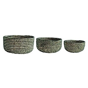 Creative Co-Op Handwoven Black & Beige Grass Baskets (Set of 3 Sizes) Wicker Non-Food Storage, Black