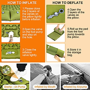 Double Sleeping Pad, Ultralight 4" Extra-Thick Self Inflating Sleeping Mat for 2 Person with Pillow Built-in Foot Pump Portable Camping Mat for Backpacking, Hiking, Traveling, Tent (Army yellow)