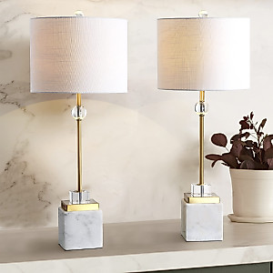 JONATHAN Y JYL5008A-SET2 Set of 2 Table Lamps Dawson 30" Marble/Crystal LED Table Lamp Modern Contemporary Bedside Desk Nightstand Lamp for Bedroom Living Room, White/Brass Gold