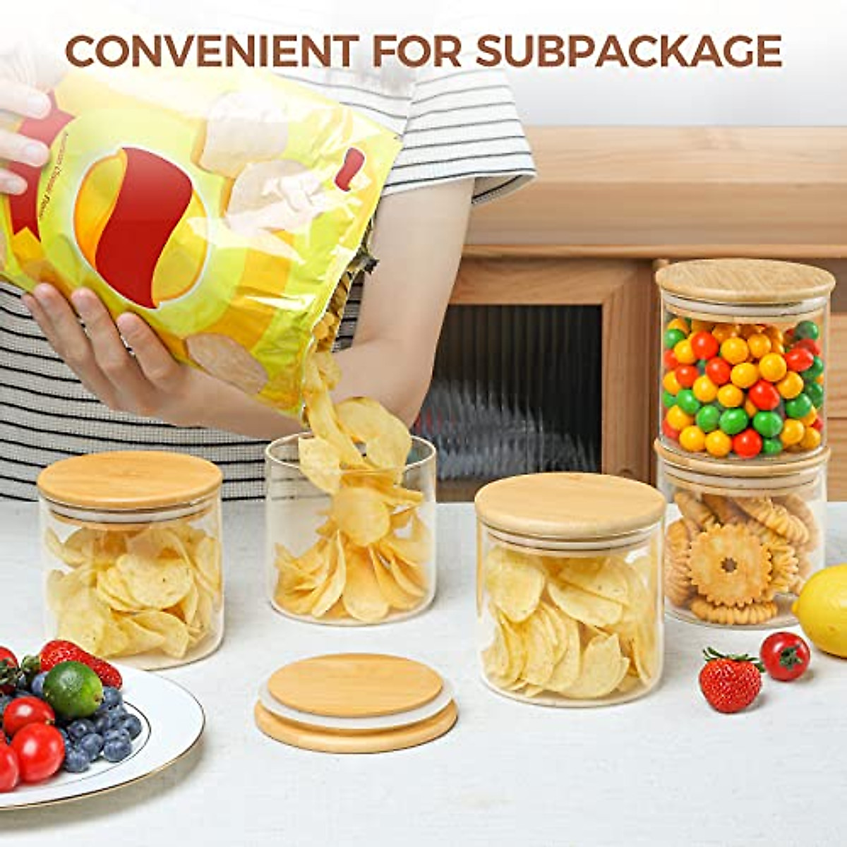 ComSaf 20 oz Glass Food Storage Jars Set of 6, Clear Storage Containers with Airtight Bamboo Lid, Pantry Organization Jar, Spice, Blooming Tea, Coffee and Sugar Container, Canister Set for Kitchen