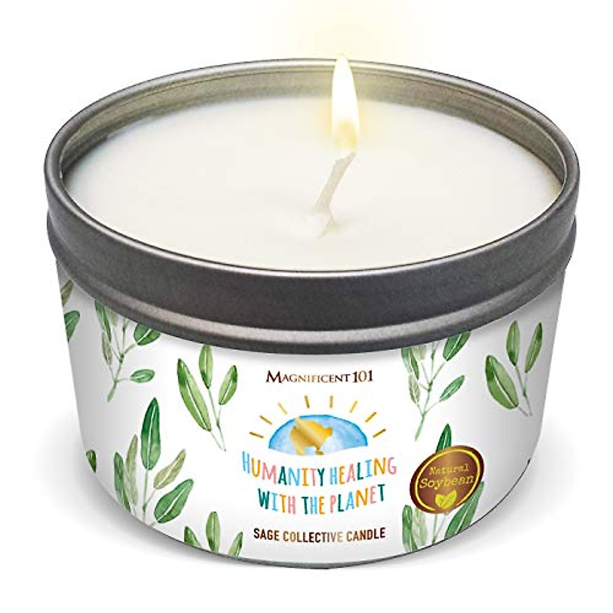 MAGNIFICENT 101 Pure White Sage Collective Candle Smudge Candle for House Energy Cleansing, Banishes Negative Energy - Natural Soy Wax Tin Candle (Humanity Healing with The Planet)