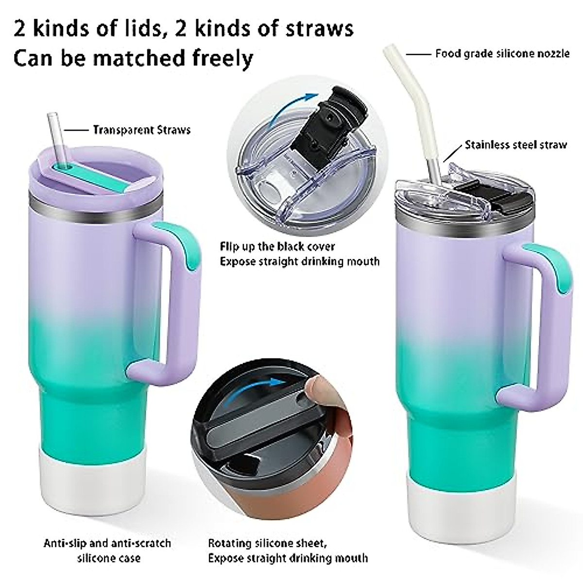 TEAMVV 40 oz Tumbler with Handle and Straw Stainless Steel Vacuum Insulated Tumbler Tea or Iced Coffee Mug for Hot or Cold Beverages 40 oz Tumbler with Handle(Fairyland Green)