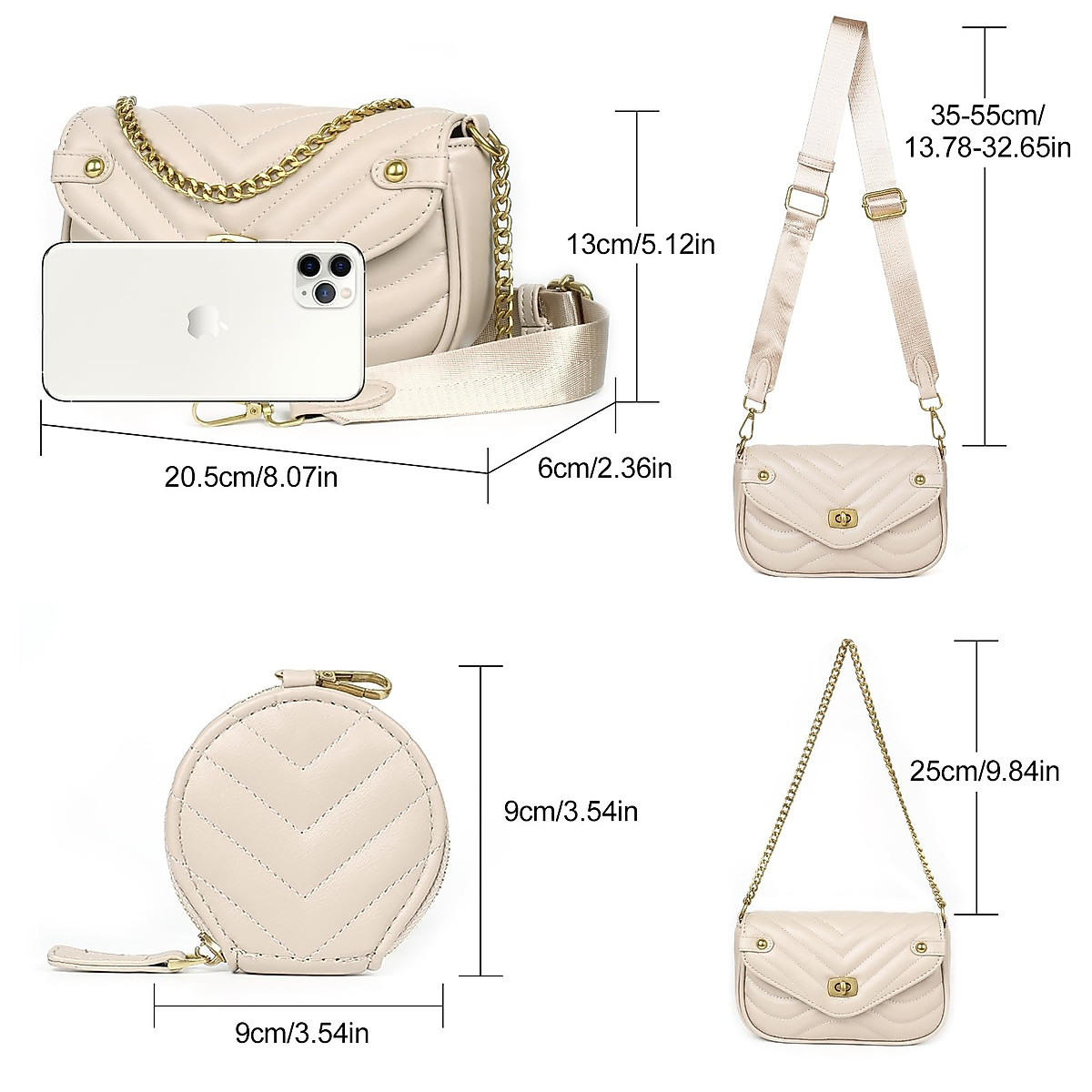 Small Crossbody Purses for Women Pu Leather Chain Quilted Handbag Designer Shoulder Bags Coin Cellphone Purse Set 2pcs (Khaki)