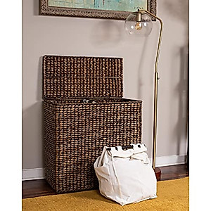 BirdRock Home Oversized Divided Hamper with Liners and Lid - Brown Wash - Handwoven Natural Woven Seagrass Fiber - Organize Clothes Storage - Easy Transport - Extra Large Double Basket - 2 Liners