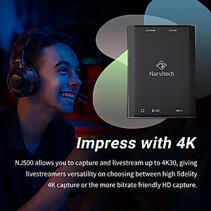 Narvitech NJ300, External Capture Card. 4K60 Passthrough, Stream and Record in 1080P60 with ultra-low latency on PS5, PS4, Xbox Series X/S, in OBS and more, on PC and Mac. Supports Party Chat capture.