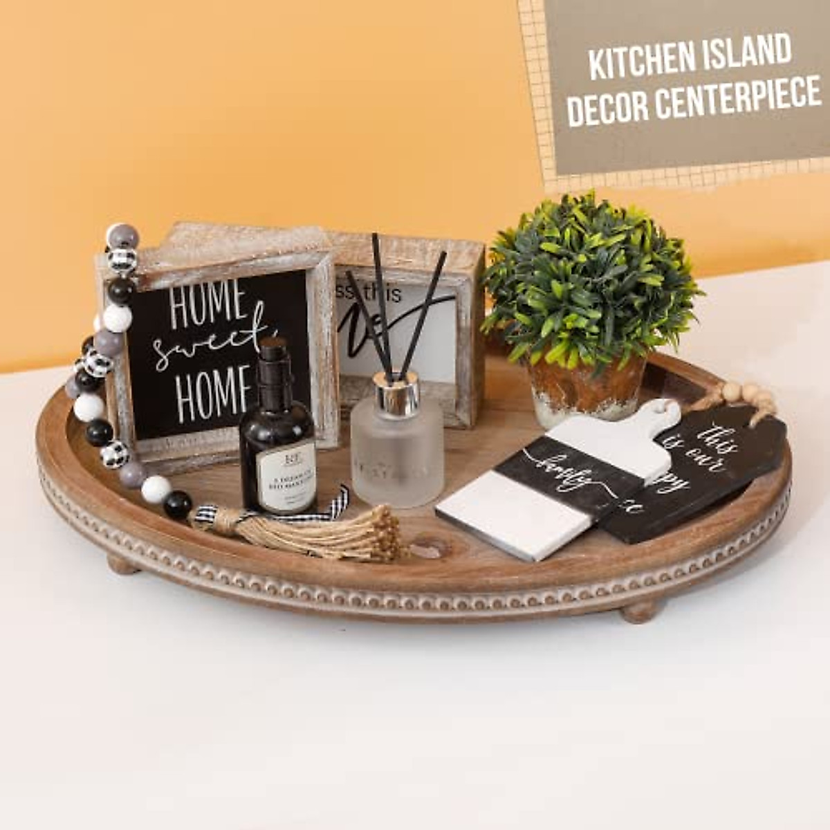 FESTWIND Decorative Tray, Oval Wooden Tray for Coffee Table Kitchen Dinning Table Entryway, Small Beaded Tray for Holidays, Wood Tray Distressed Brown