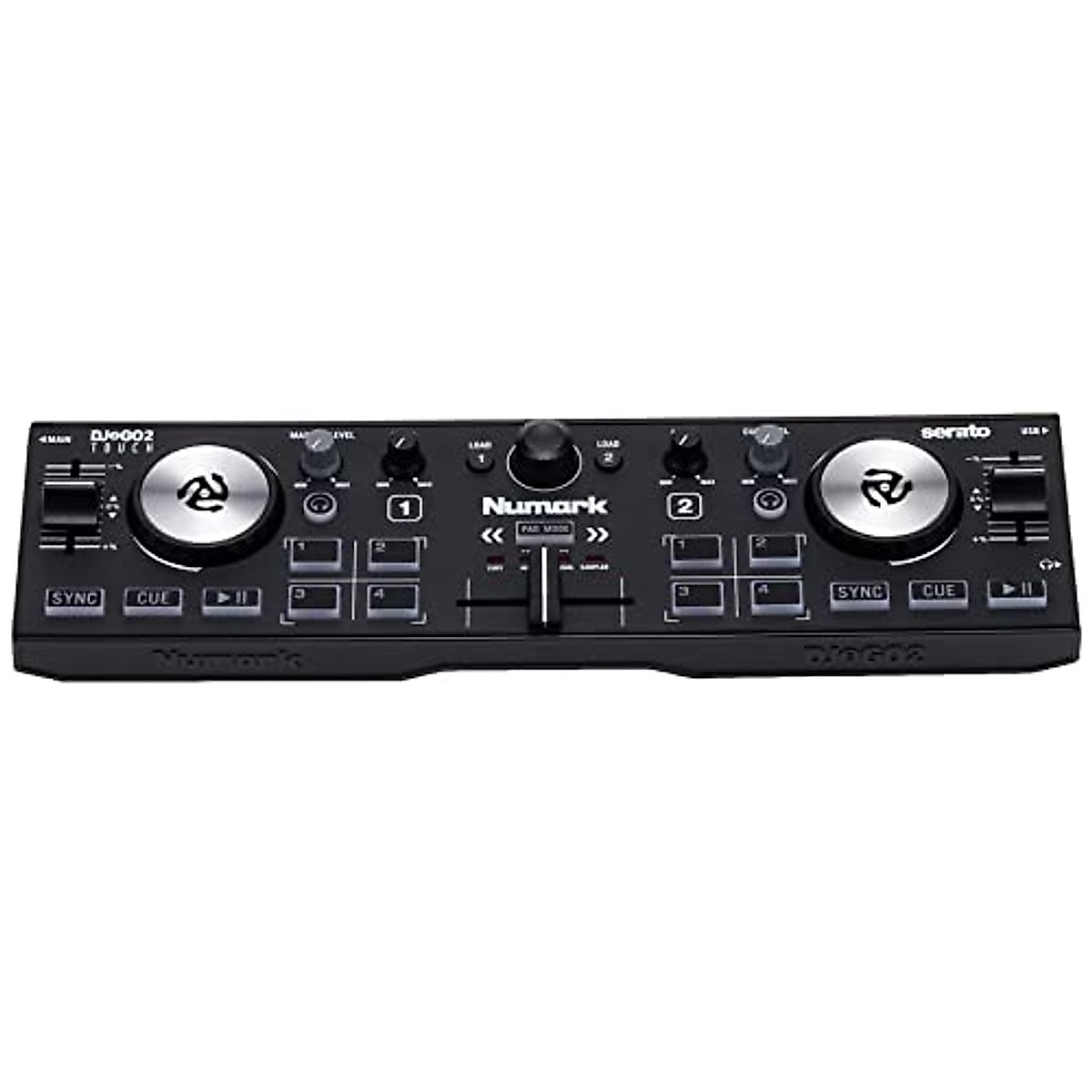 Numark DJ2GO2 Touch – Compact 2 Deck USB DJ Controller For Serato DJ with a Mixer / Crossfader, Audio Interface and Touch Capacitive Jog Wheels,Black