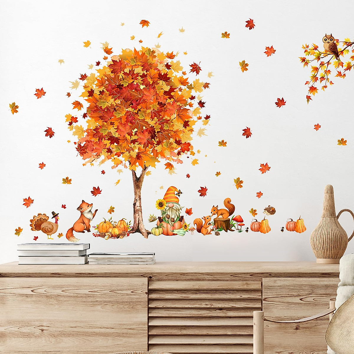 Cholemy 3 Sheets Thanksgiving Wall Stickers Thanksgiving Wall Decals Harvest Pumpkin Maple Leaf Tree Wall Decoration Fall Window Sticker Removable Farmhouse Wallpaper for Living Room Bedroom