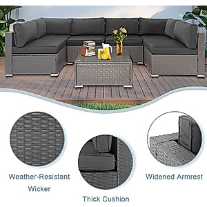 Incbruce 7-Piece Outdoor Furniture Sofa Set, All-Weather Gray Wicker Sectional Couch, Patio Conversation Sets with Glass Coffee Table and Washable Cushions (Grey)