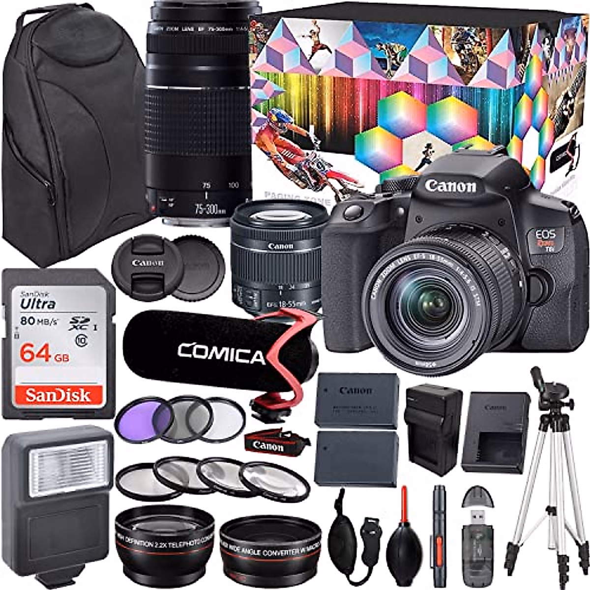 Camera Bundle for Canon EOS Rebel T8i DSLR Camera with EF-S 18-55mm f/4-5.6 is STM + EF 75-300mm f/4-5.6 III Lens + Microphone with Video Kit Accessories (64GB, Tripod, Flash, and More)