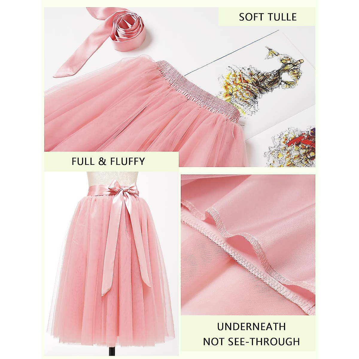 Black Tulle Skirt for Women 6 Layers Elastic Waistband Prom Party Dress Black S