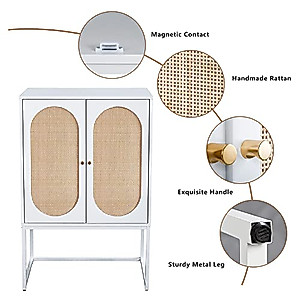 AWQM Natural Rattan 2 Door High Cabinet,Sideboard Buffet Cupboard Accent Cabinet,Adjustable Shelves,Free Standing Bookmatch,Easy Assembly,26.77" L x 15.75" W x 41.34" H,White