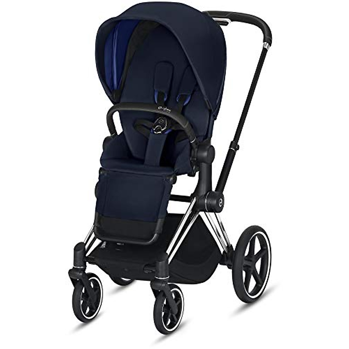 Cybex Priam 3 Complete Stroller, One-Hand Compact Fold, Reversible Seat, Smooth Ride All-Wheel Suspension, Extra Storage, Adjustable Leg Rest, Indigo Blue with Chrome/Black Frame