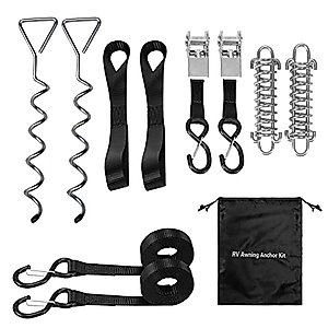 RV/Camper Awning Tie Down Anchor Kit with Ratchet Tie Down Strap and Buffer Tension Spring