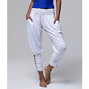 SOMTHRON Women's Casual High Waisted Harem Yoga Pants Loose Fit Lace Up Capris Leggings with Pockets WH-2XL White
