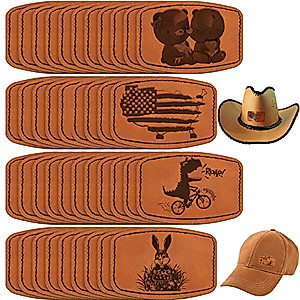 60 Pcs Blank Leatherette Hat Patches with Adhesive Rustic Leatherette Rounded Rectangle Patch Faux Leather Patches for Hats Costumes Fabric Repair Sew Laser Supplies, 3 x 2 Inches (Khaki)