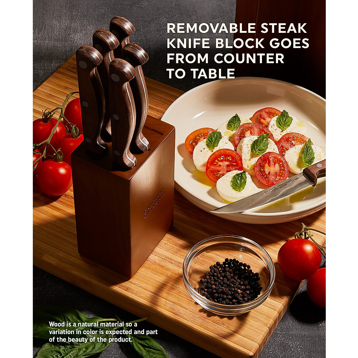 Chicago Cutlery Racine 12-Pc Kitchen Knife Wood Block Set, Stainless Steel Knives, Serrated, Chef, Utility, and Paring Knife, Removable Steak Knife Block, Walnut Handle