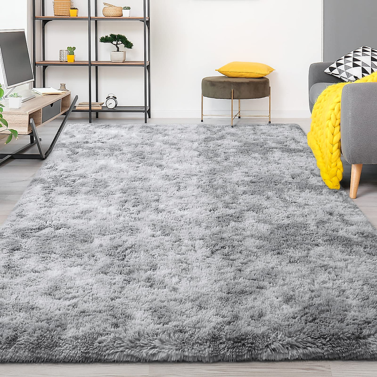 FlyDOIT 6x9 Feet Large Area Rugs for Living Room, Tie-Dyed Light Grey Shaggy Rug Fluffy Throw Carpets, Ultra Soft Plush Modern Indoor Fuzzy Rugs for Bedroom Girls Kids Nursery Room Dorm Home Decor