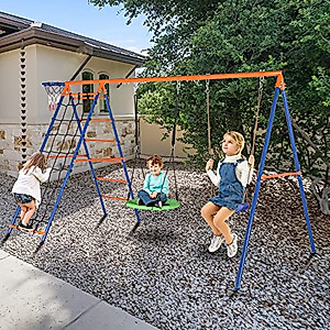 Ktaxon 5in1 Swing Set for Backyard, 550lbs Heavy-Duty Swings Set W/Saucer and Belt Swing Seat, Climbing Net & Ladder, Basketball Hoop, Playground Swing Sets with A-Frame Stand