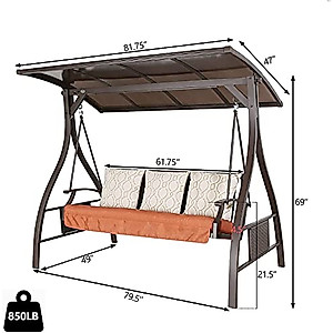 Ulax Furniture 3-Seat Outdoor Patio Swing Chair, Porch Swing Glider Chair with Convertible Canopy, Solar LED Light and Sunbrella Pillows for Poolside, Garden, Balcony, Backyard