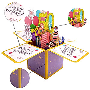 Happy 50th Birthday Cards 50th Birthday Greeting Card 50th Gift Card Birthday Pop Up Cards with Note Card and Envelope 50th Birthday Gifts for Women, Wife, Mother Gifts Box 3D Popup Birthday Cards