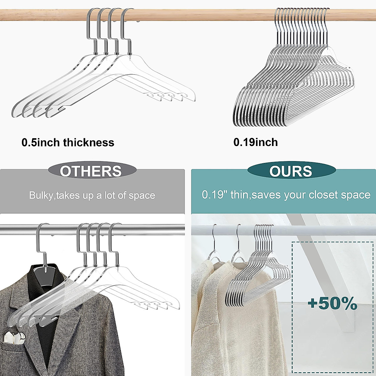 Quality Hangers Clear Plastic Hangers for Clothes | 50 Pack - 16.5 Inch | Heavy Duty Hangers Space Saving Crystal Clear Acrylic Hangers | 360 Degree Swivel Hook and Notches (Clear, 50)