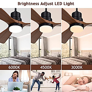 ghicc Ceiling Fans with Lights and Remote Modern Ceiling Fans with 3 Walnut Wood Blades, Indoor/Outdoor Ceiling Fans for Patios Farmhouse Bedroom，42"， Matte Black