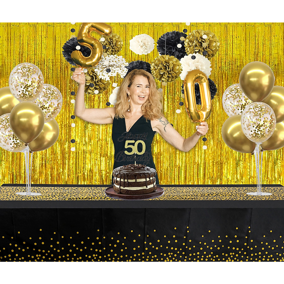 Melsan Disposable Table Cloth for Rectangle Tables, 3 Pack Black and Gold Plastic Table Cloths for Graduation, Retirement, 50th Birthday Party Decorations, 54×108 in