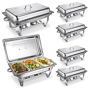 6 Pcs Chafing Dish Buffet Set 8 Qt Stainless Steel Chafer Complete Set Catering Buffet Servers and Warmers with Foldable Frame, Food Pan, Fuel Holder and Lid for Parties Banquet Wedding (3 Third Size)