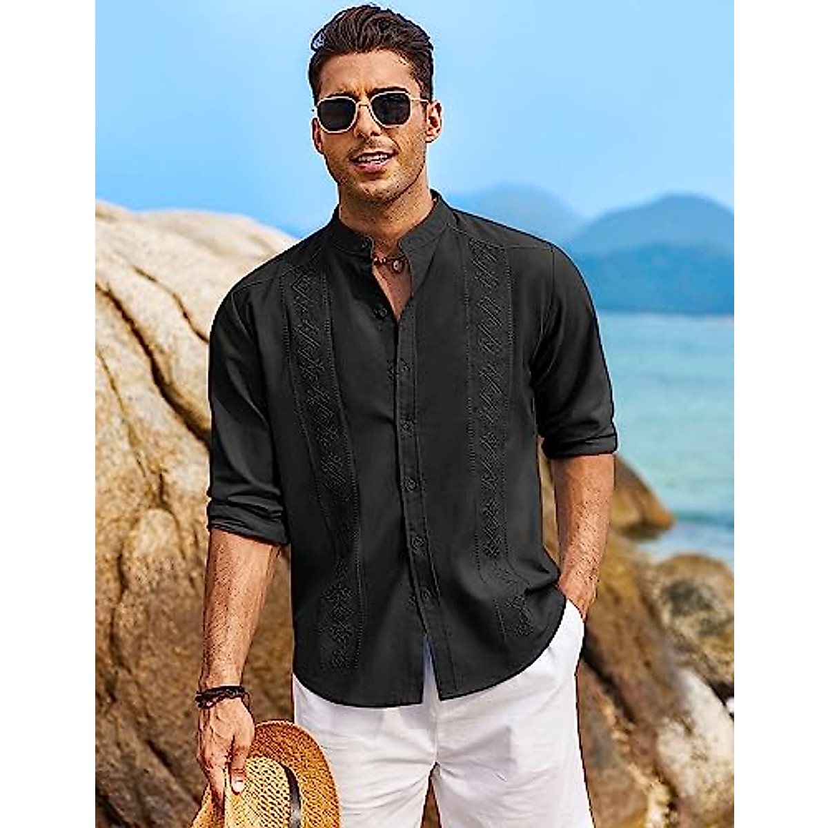 COOFANDY Mens Cuban Guayabera Shirt Casual Summer Shirt Band Collar Linen Beach Shirt, Black, XX-Large, Long Sleeve