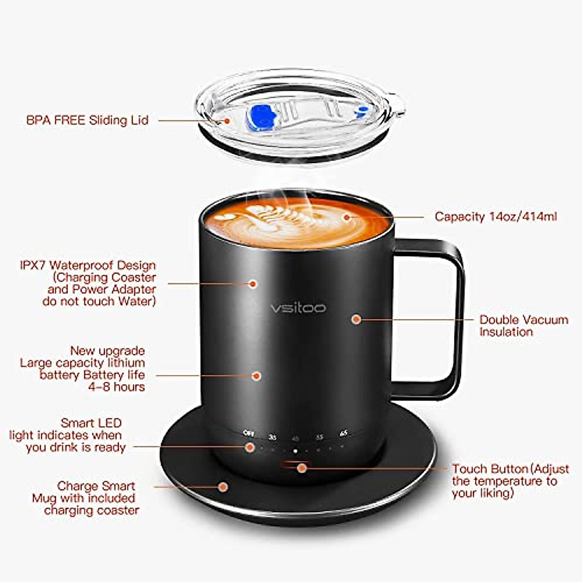 vsitoo S3 Pro Temperature Control Smart Mug, Coffee Mug Warmer for Desk Home Office, App Controlled Heated Coffee Cup, Self Heating Coffee Mug Improved Design- 14 oz