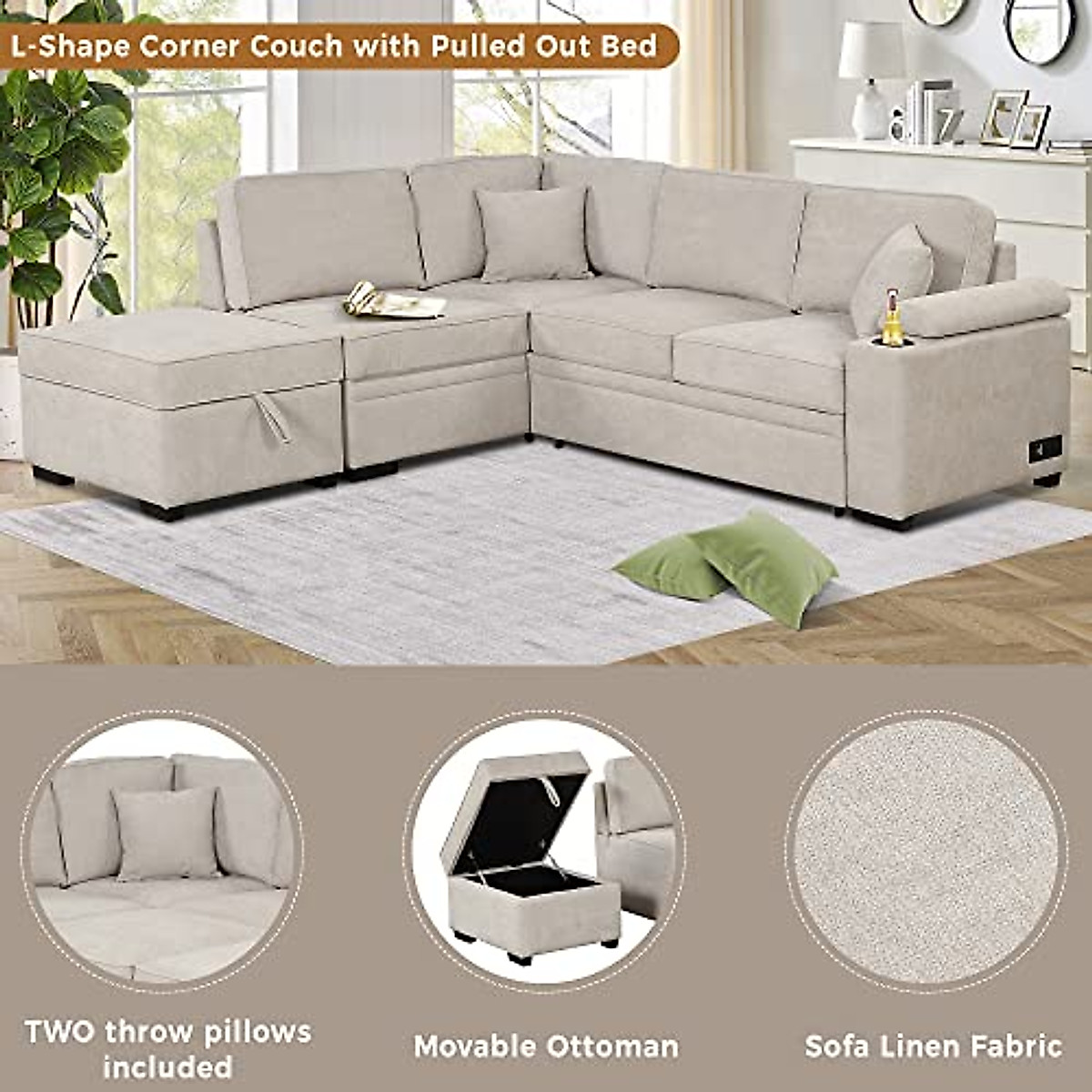 Merax L Shaped Sectional Sofa Couch Sleeper Bed with Storage Ottoman and Chaise for Living Room, Small Apartment Love Seats, Beige_Linen