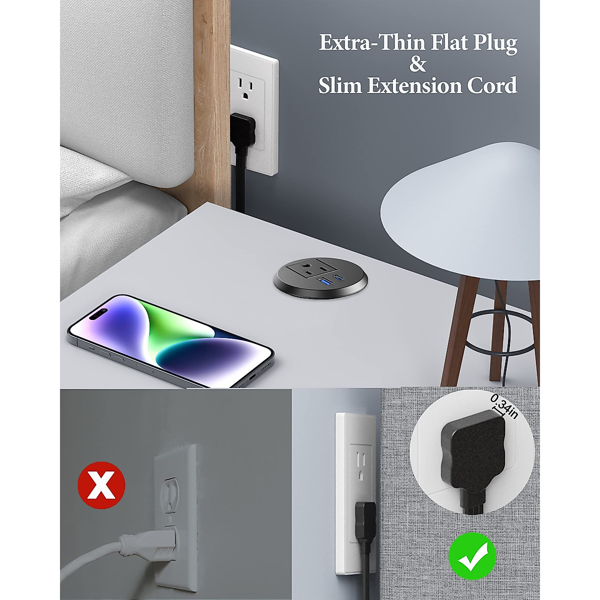 2 inch Desktop Power Grommet with PD 20W USB C,Ultra Thin Flat Plug Power Strip,Recessed Outlet,Slim Outlet Extender for Office,Table Outlets for Home, Office,6 ft Cable(Black)